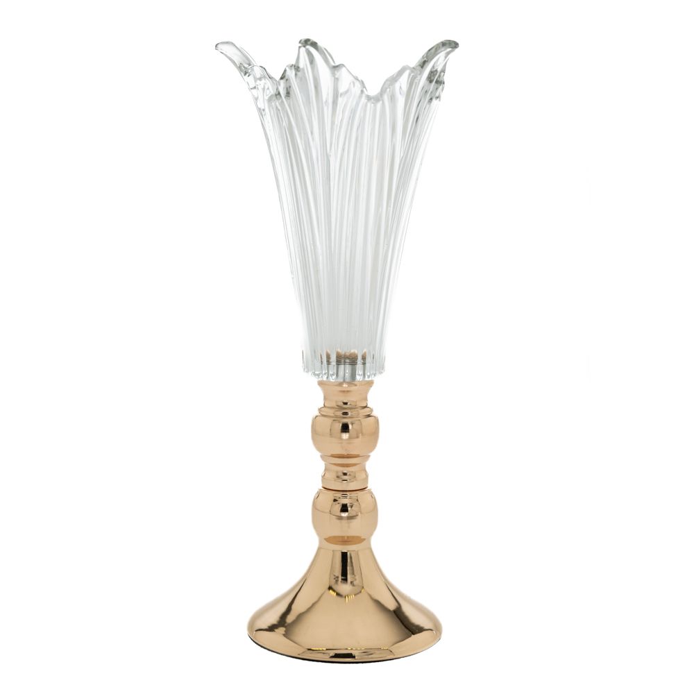 * STAKLENA VAZNA SA ZLATNIM METALNIM POSTOLJEM 16x16x38CM